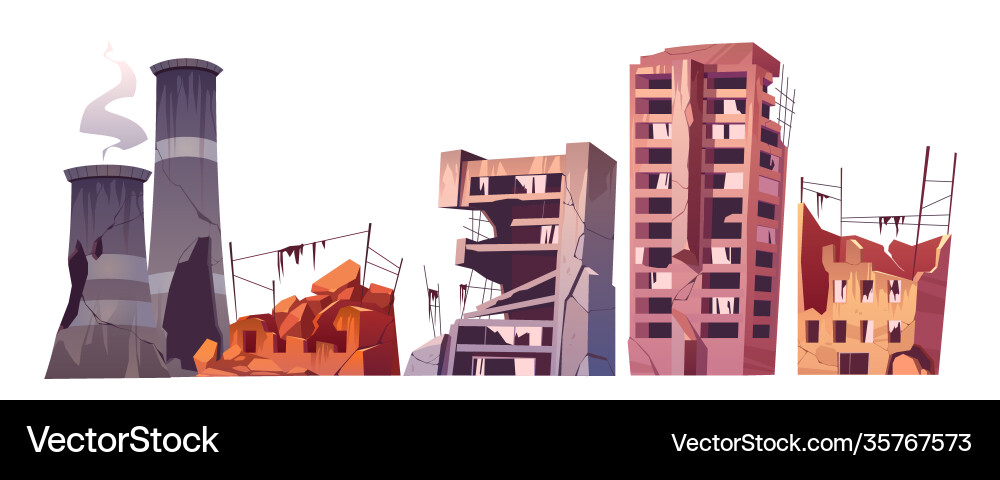 Destroyed city buildings war destruction set Vector Image
