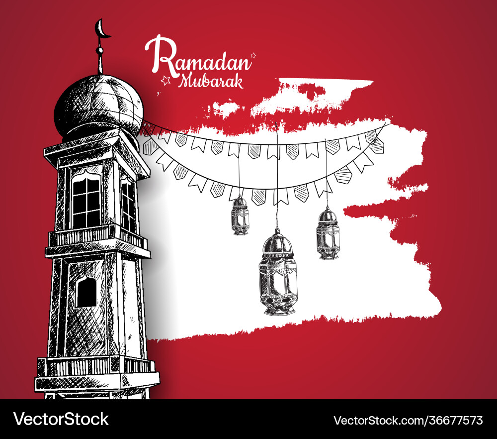 Ramadan mubarak mosque tower lantern and ribbon Vector Image