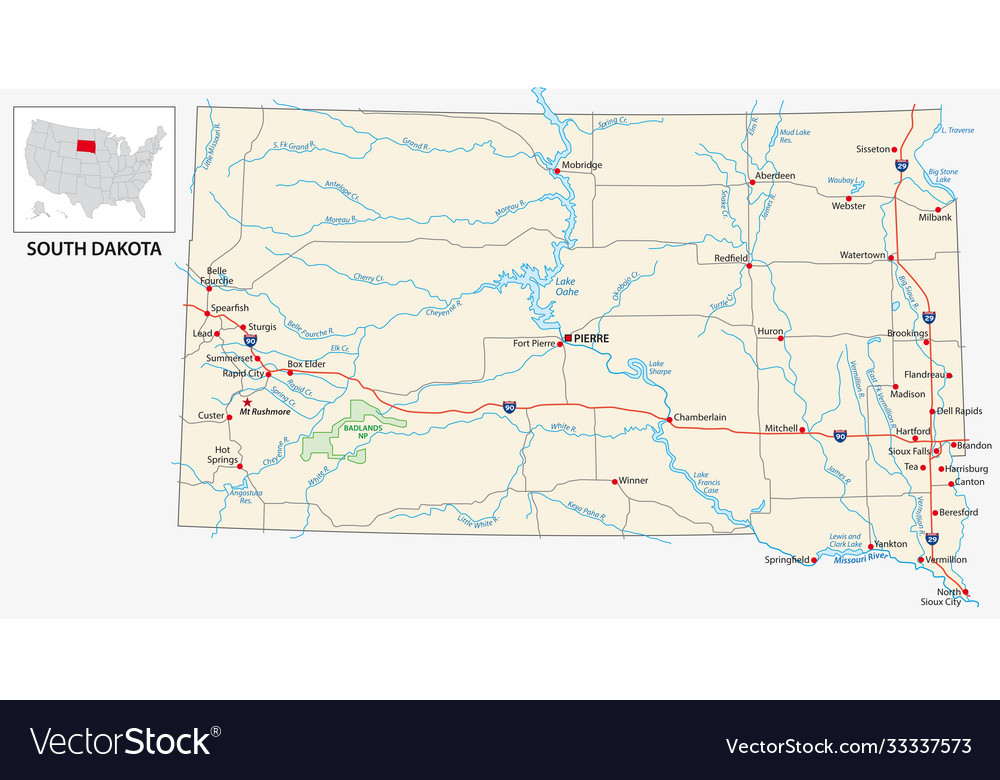Road map us american state south dakota Royalty Free Vector