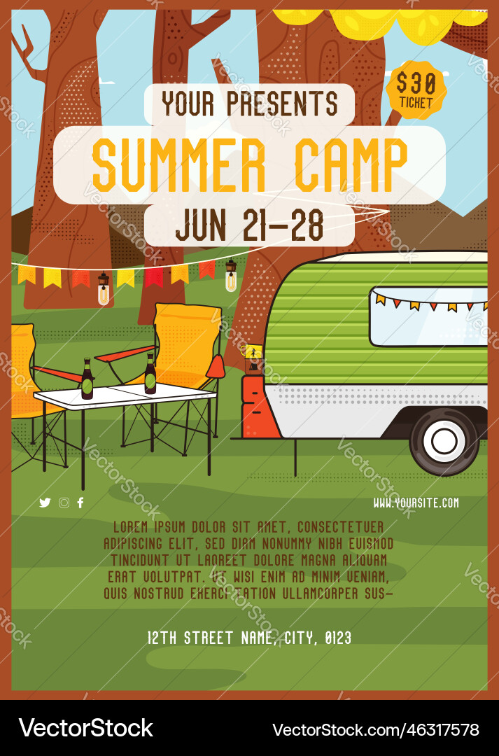 Adventure summer camp flyer template with rv Vector Image