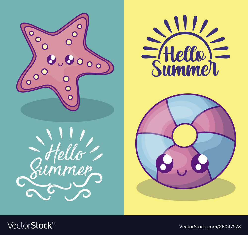 Summer label with float and starfish kawaii Vector Image