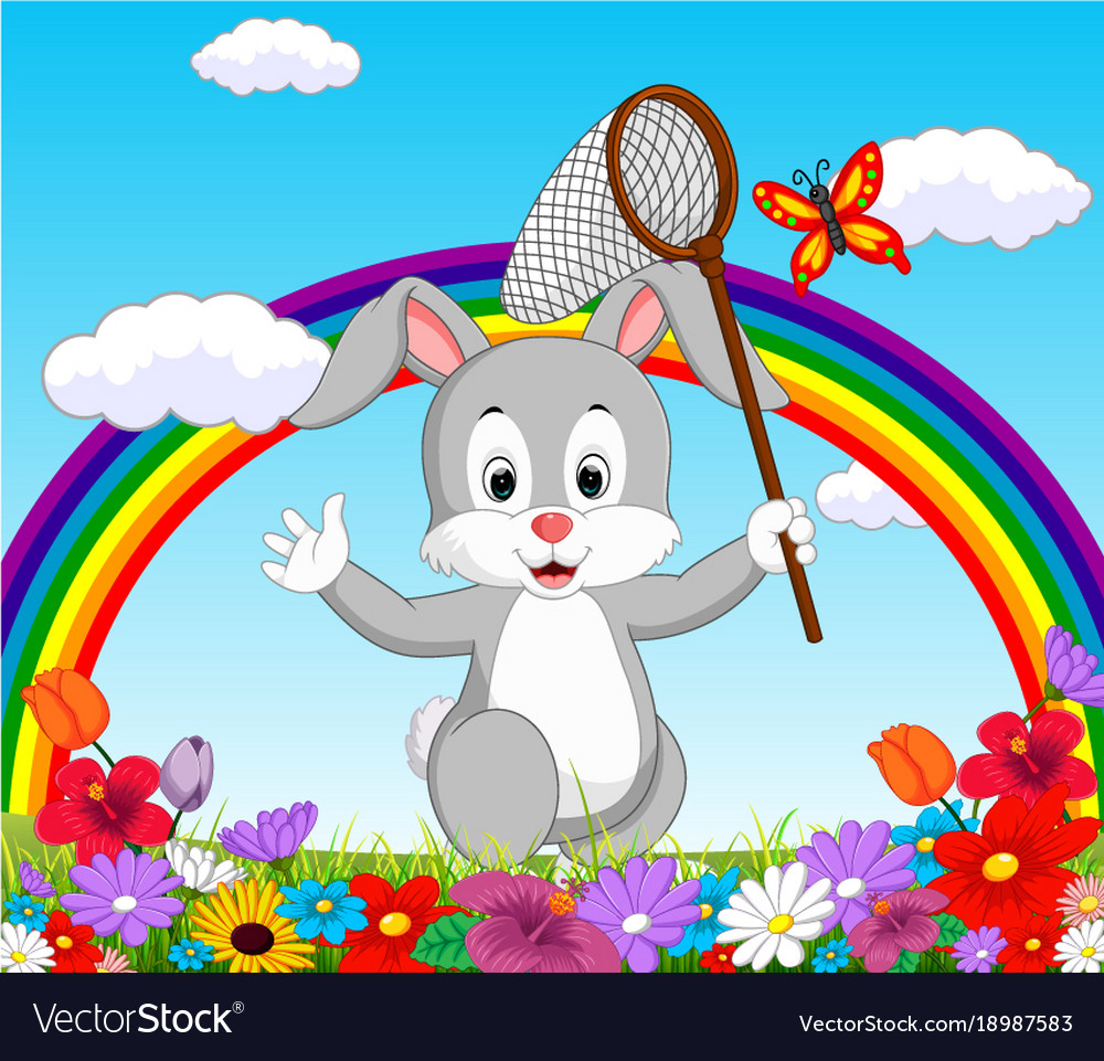 Cartoon rabbit in the garden Royalty Free Vector Image