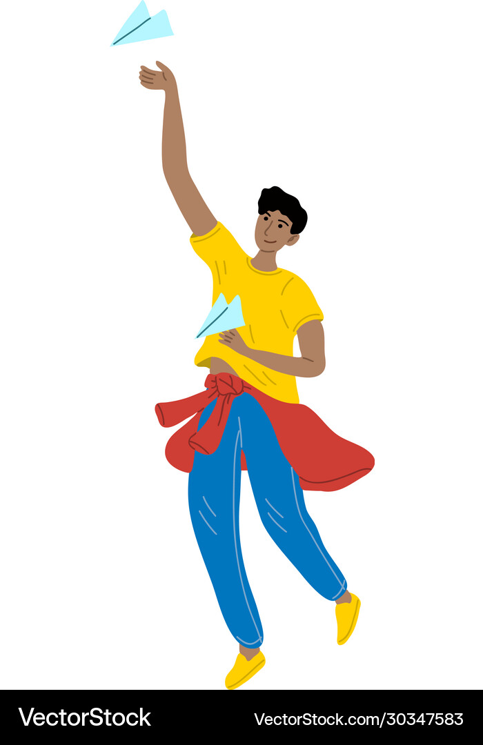 Happy kid boy playing paper planes outdoors Vector Image