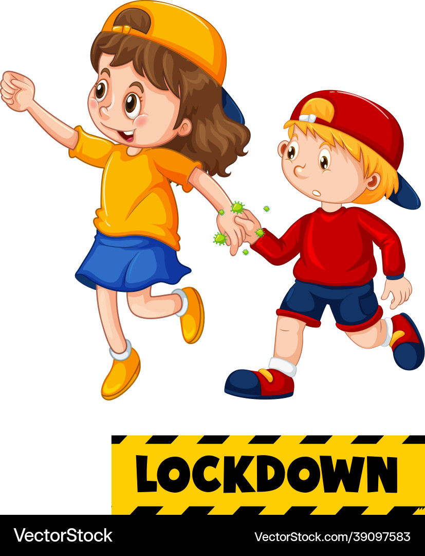 Lockdown font in cartoon style with two kids do Vector Image