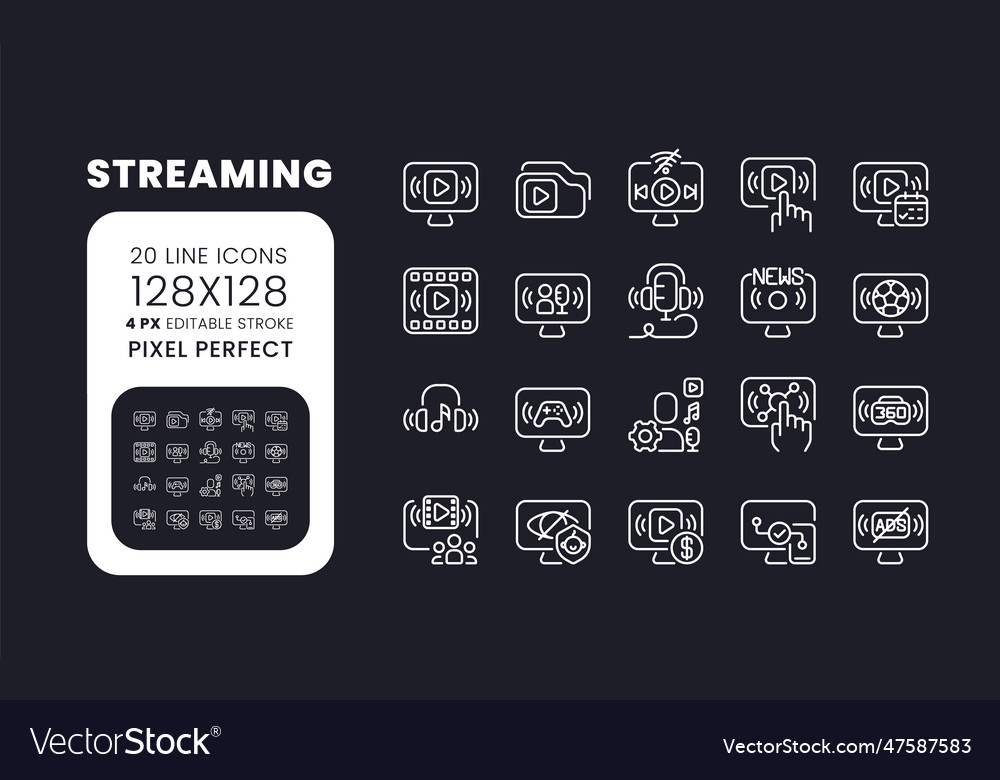 Streaming white linear desktop icons on black Vector Image