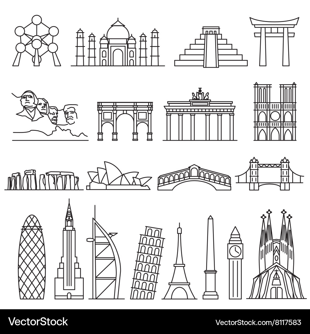 World landmarks outline icons abstract set Vector Image