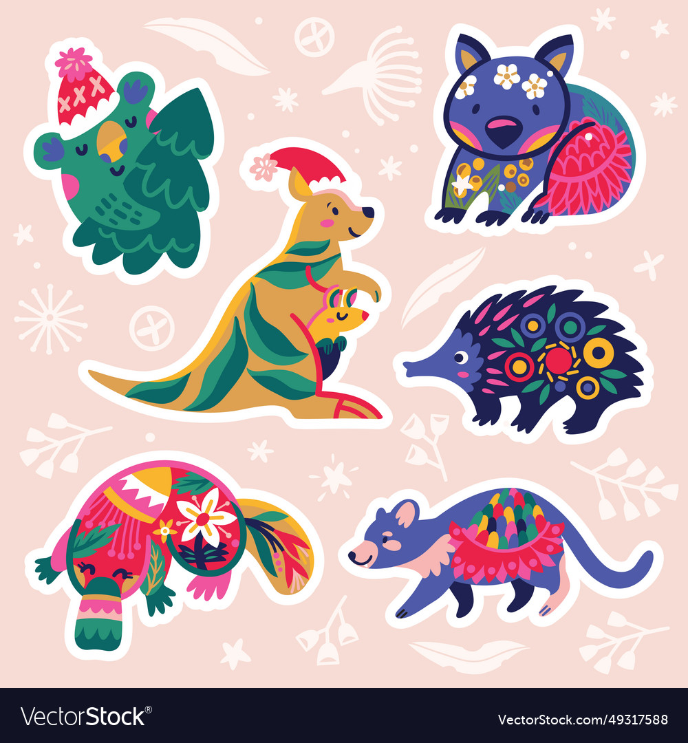 Sticker set with christmas australian animals Vector Image