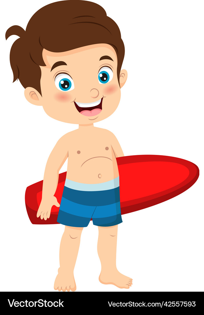 Cartoon boy surfer holding surfboard Royalty Free Vector