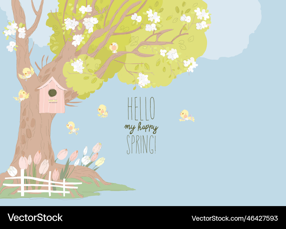 Cartoon spring park with blooming tree and flowers