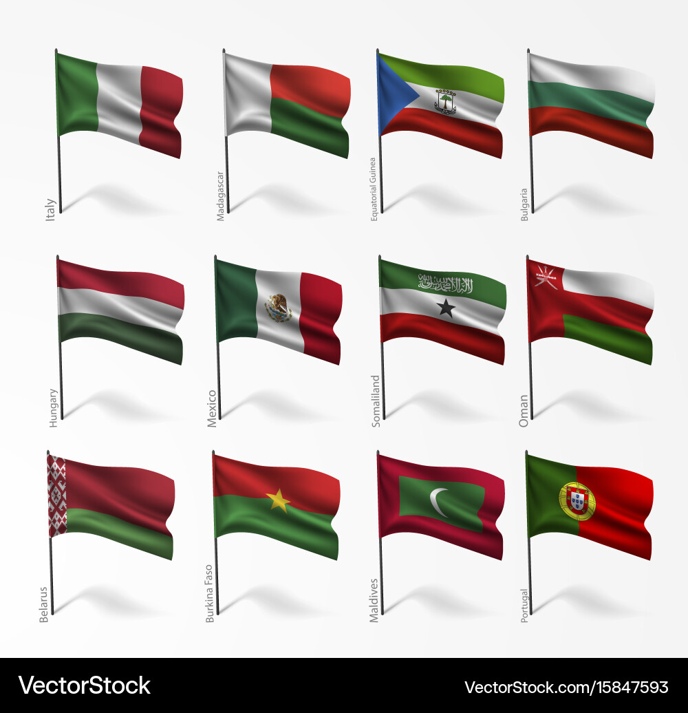 Collection of flags world on flagpole Royalty Free Vector