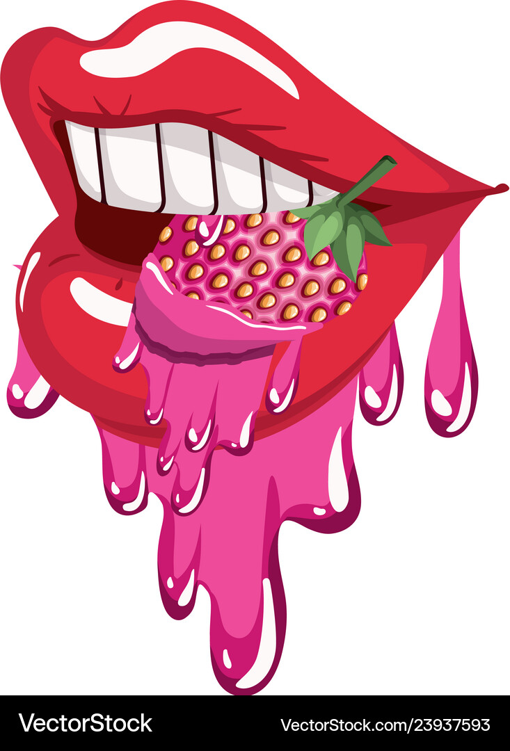 Female mouth dripping with strawberry fruit Vector Image