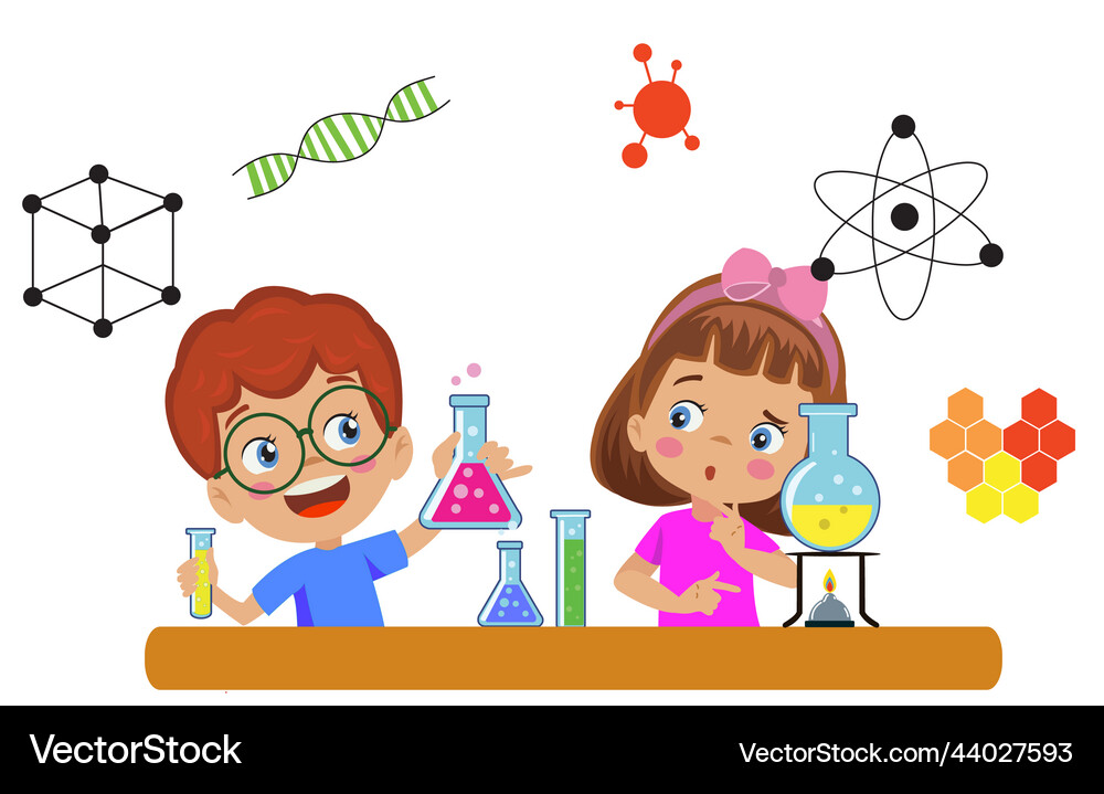 Kids doing experiment research in lab at school Vector Image