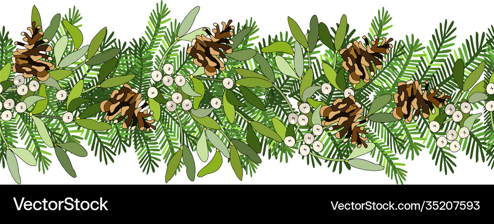 Seamless border with mistletoe fir cone spruce Vector Image