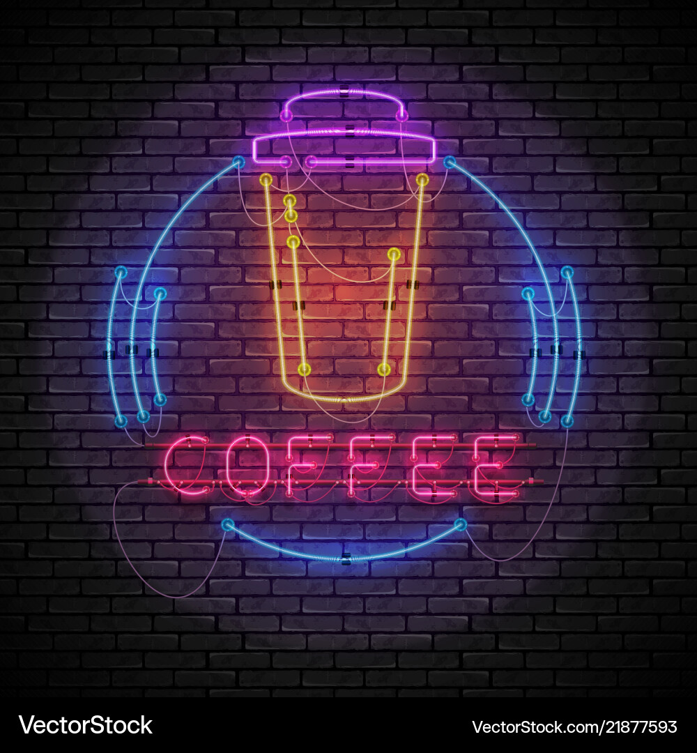Shining and glowing neon coffee sign in frame Vector Image