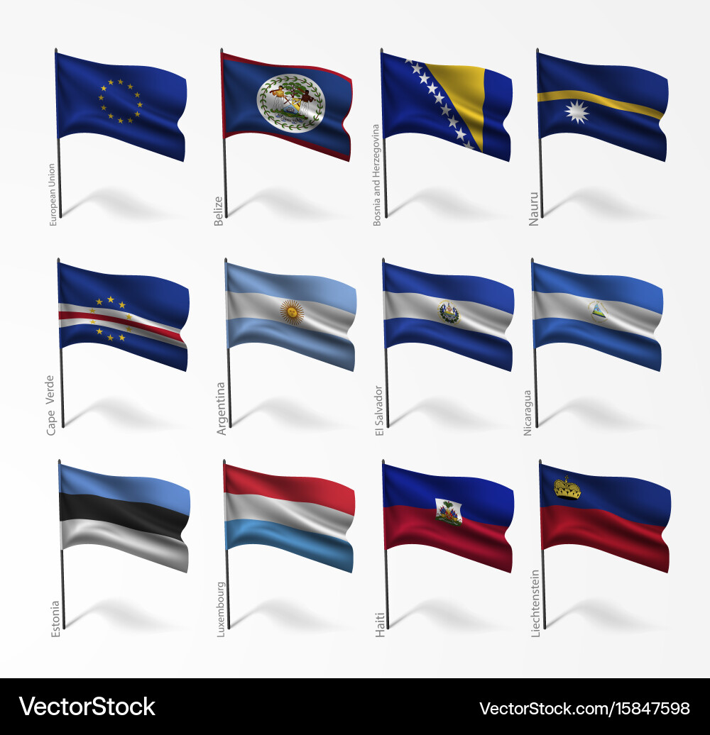 Collection of flags world on flagpole Royalty Free Vector