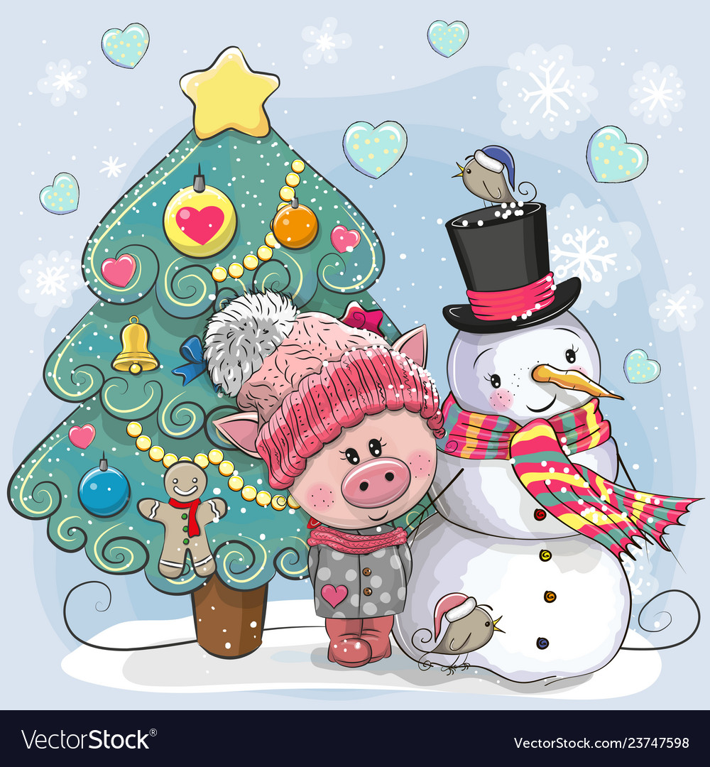Cute pig in a knitted cap and snowman Royalty Free Vector