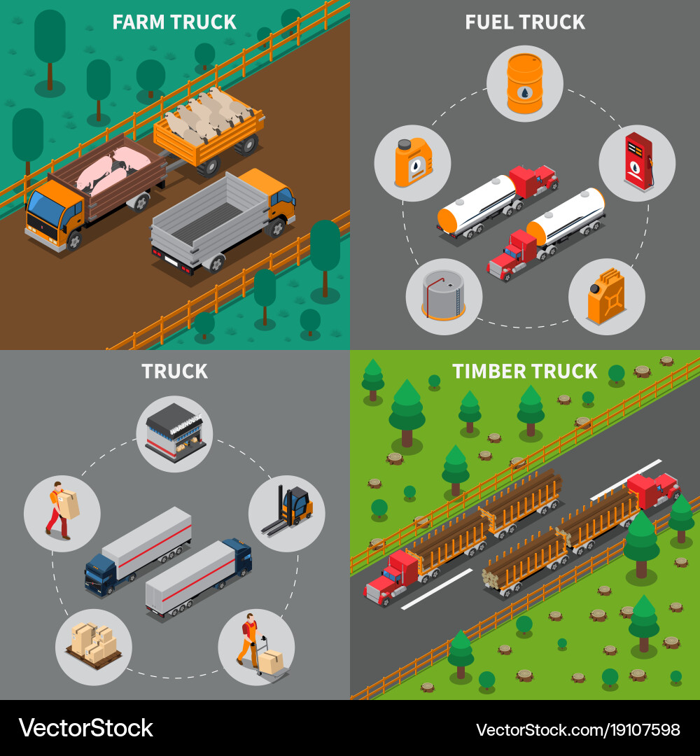 Heavy automotive vehicles isometric concept Vector Image