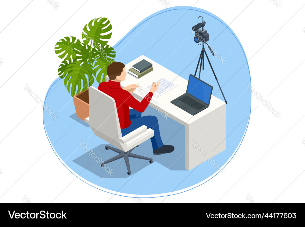 Isometric video blogger records content in his Vector Image