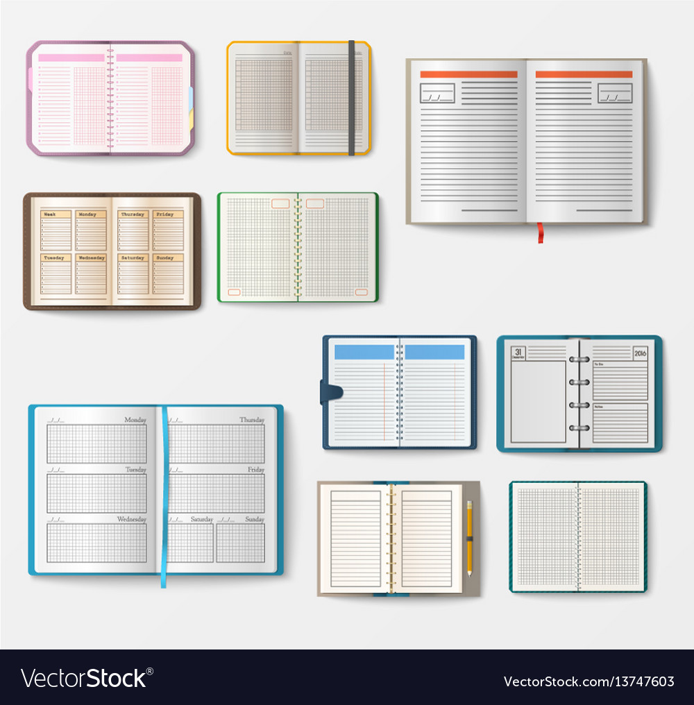 Set of open realistic notebooks with pages diary Vector Image