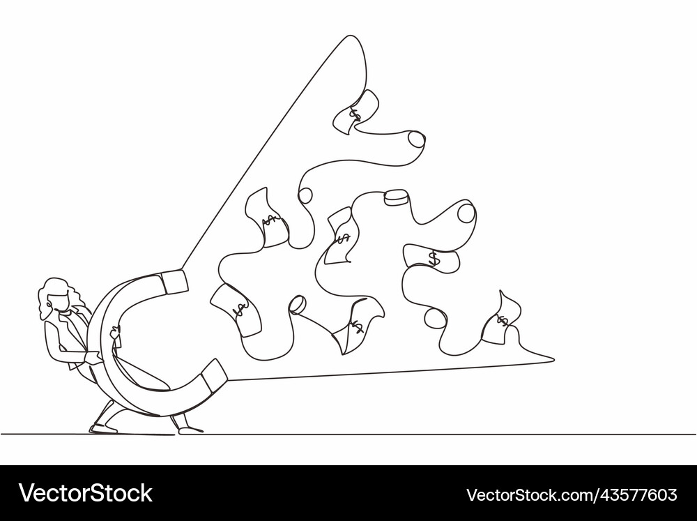 Single one line drawing businesswoman using big Vector Image