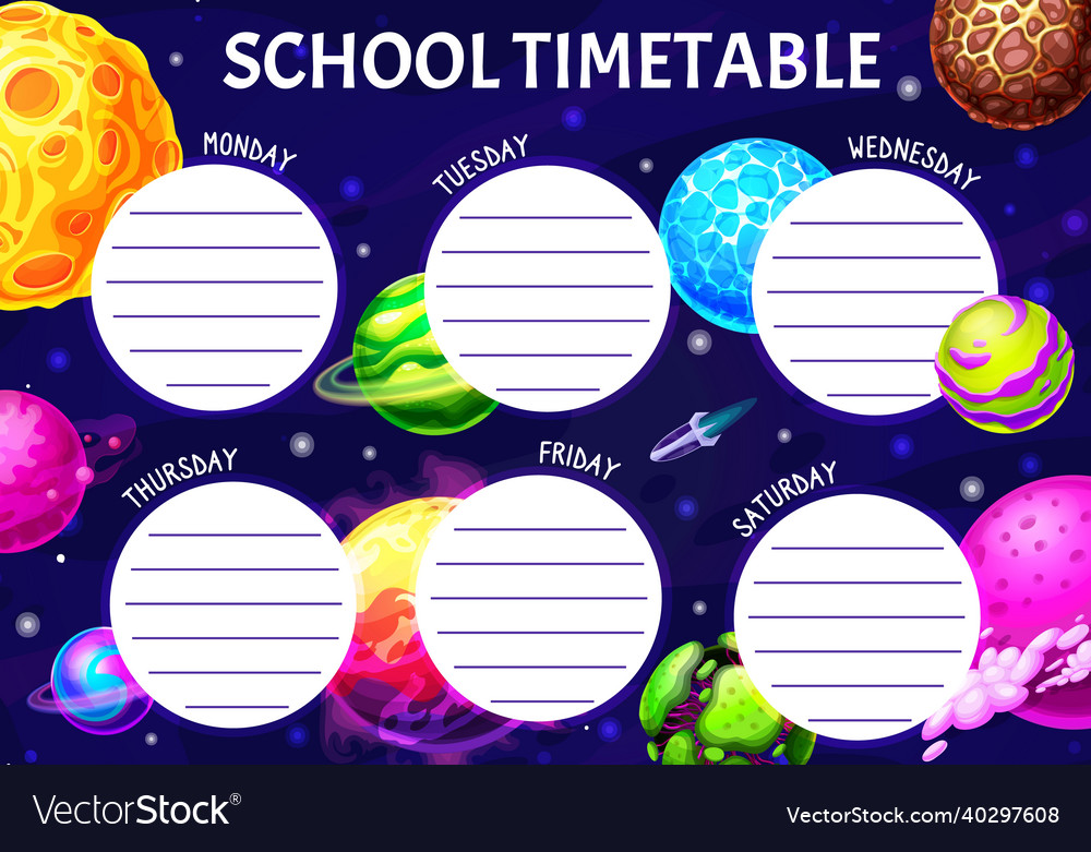 Cartoon galaxy and space planets school timetable Vector Image