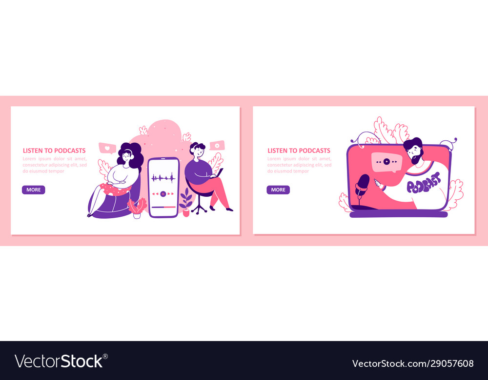 Listening to podcasts flat landing page templates Vector Image Listening to podcasts flat landing page templates Vector Image