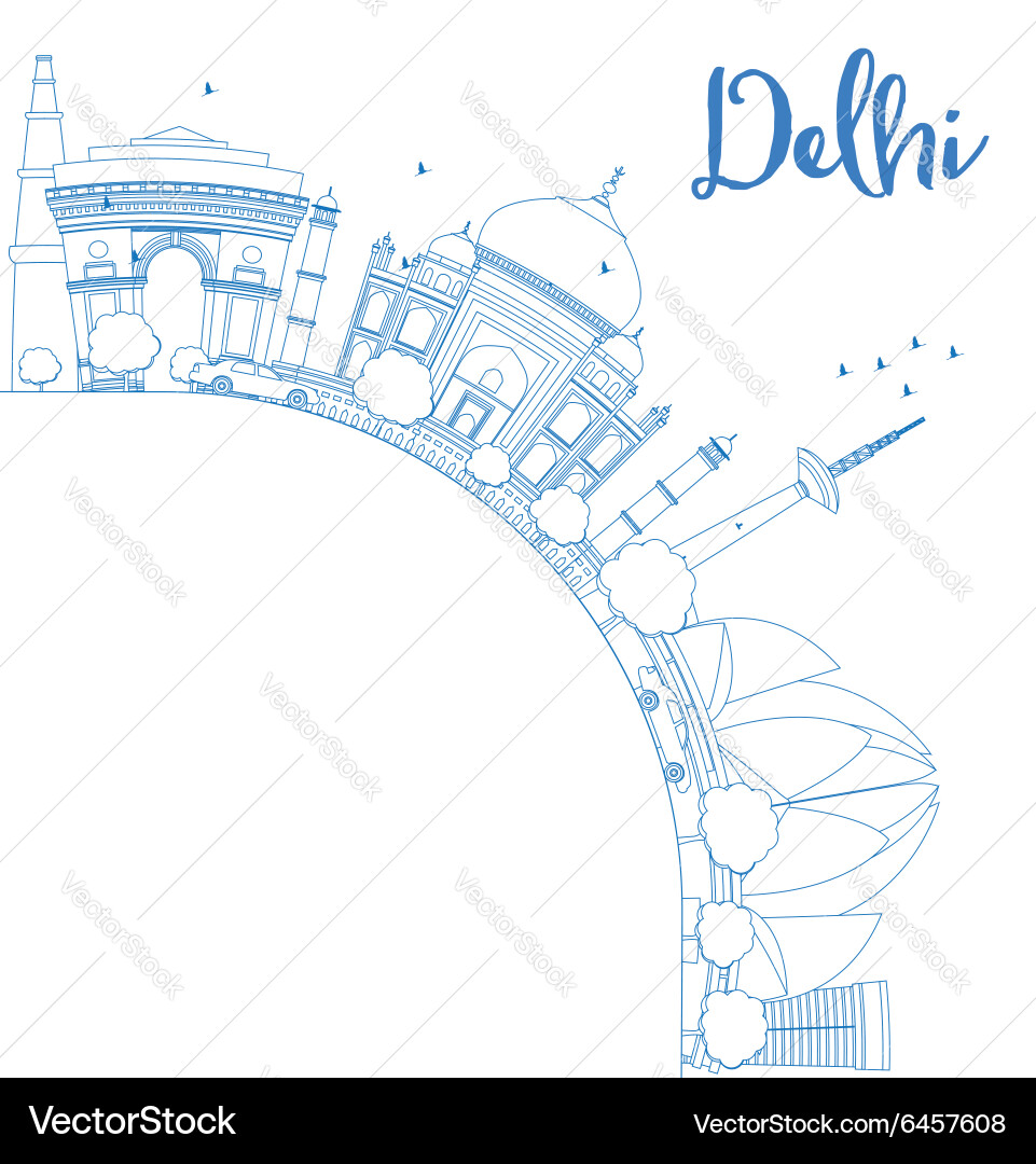 Outline Delhi skyline with blue landmarks Vector Image