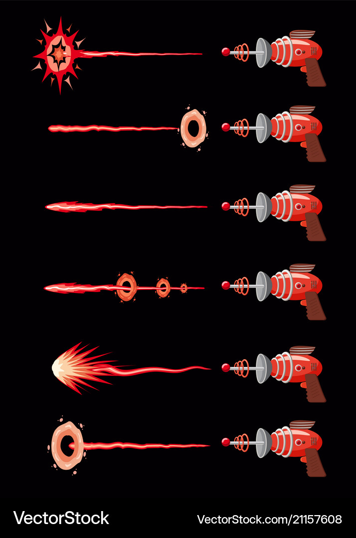 Set blaster laser gan game shot ray and Royalty Free Vector