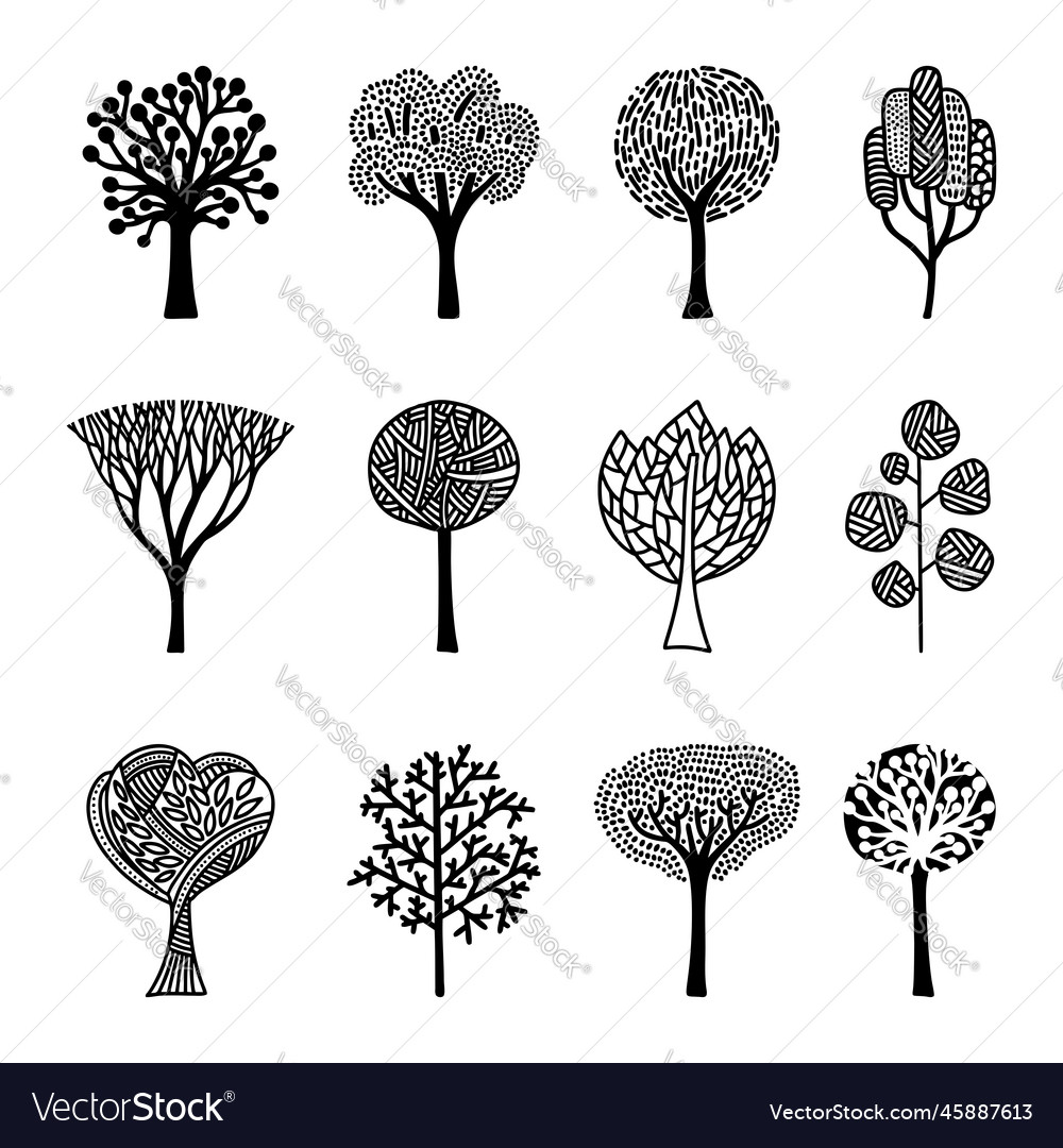 Hand-drawn tree set Royalty Free Vector Image - VectorStock