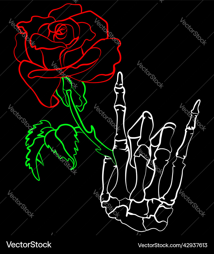Skeleton hand holding a rose in calligraphic style