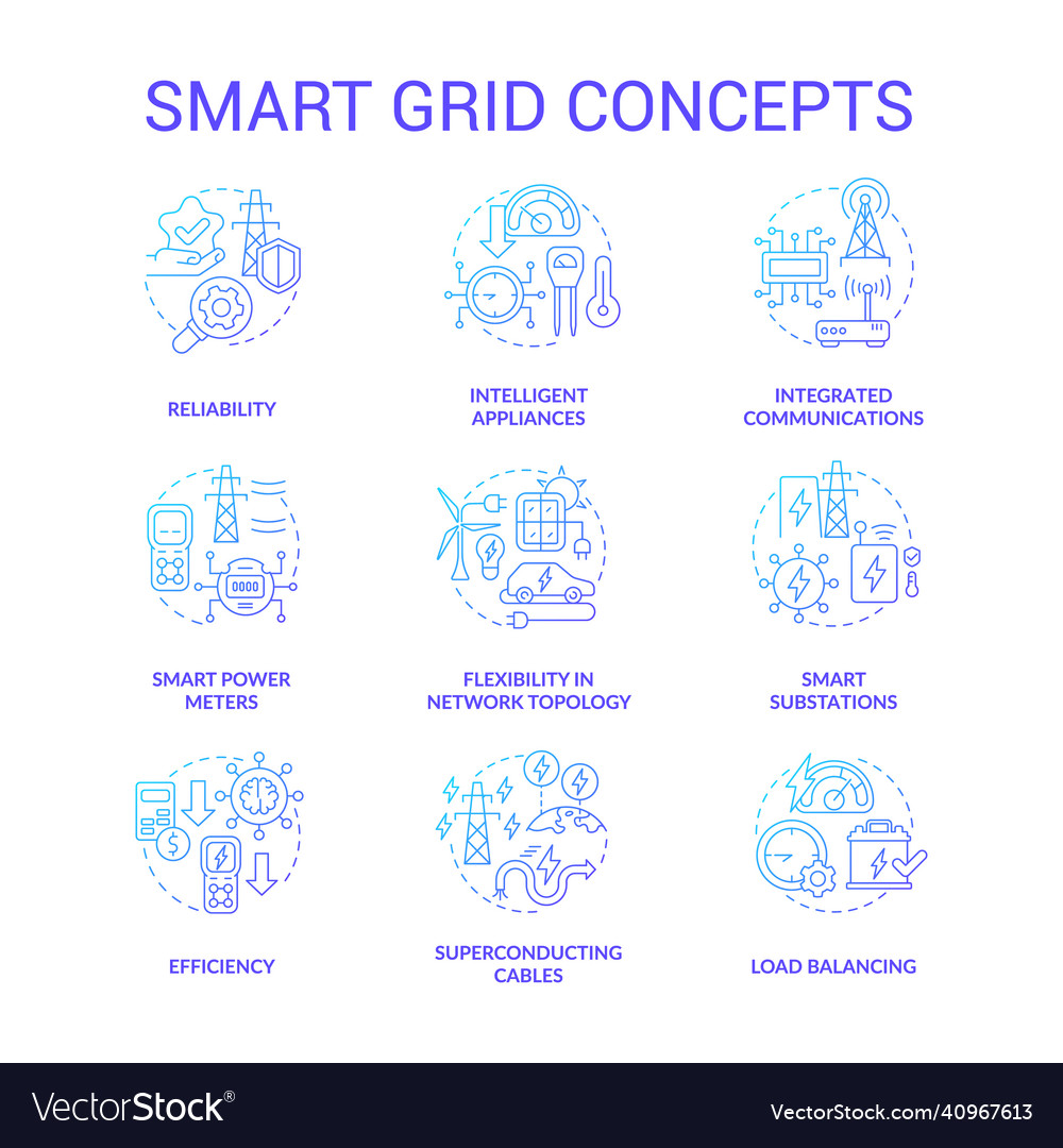 Smart grid blue gradient concept icons set Vector Image