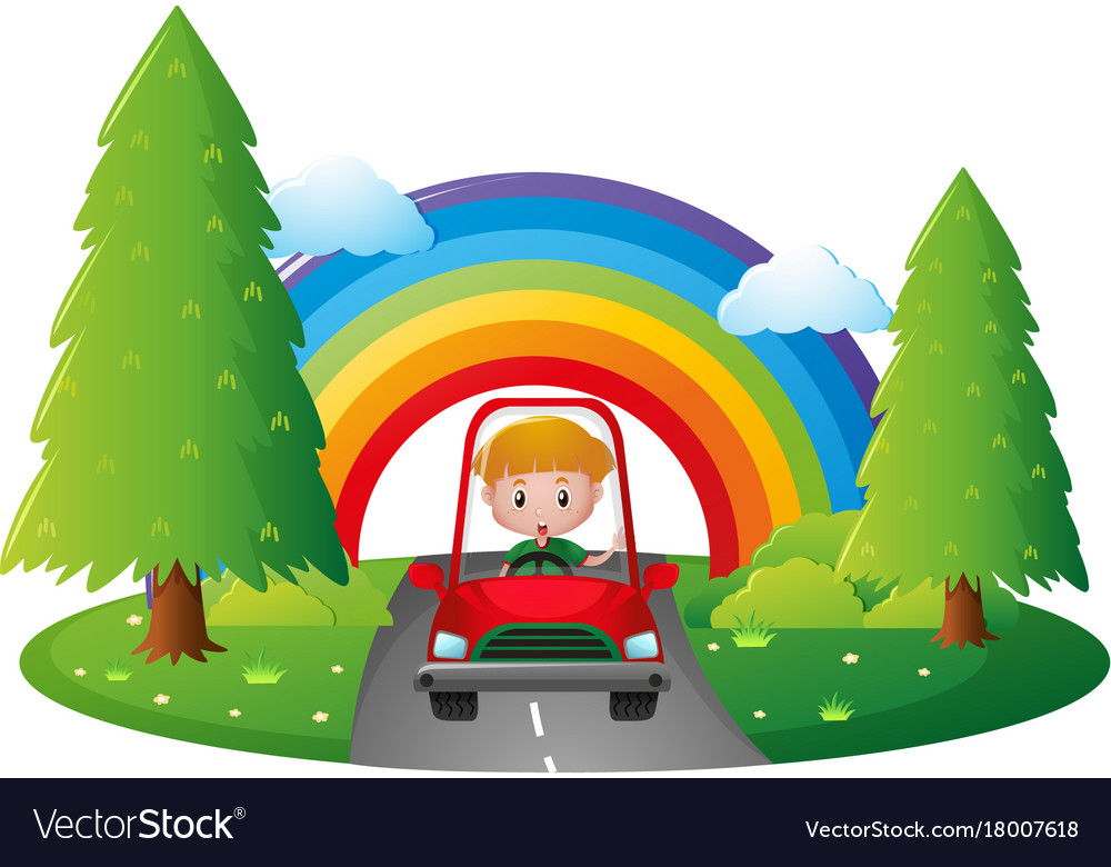 Boy driving red car on road Royalty Free Vector Image
