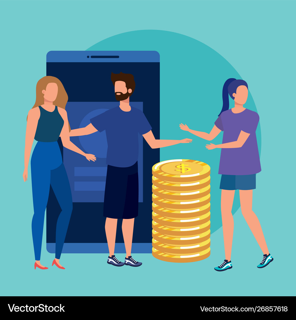 Group people with smartphone and coins Royalty Free Vector