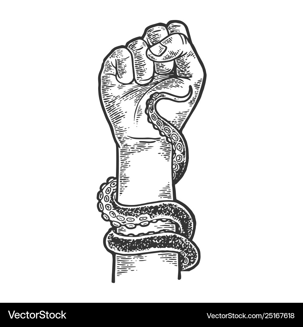 Octopus around human hand sketch engraving Vector Image