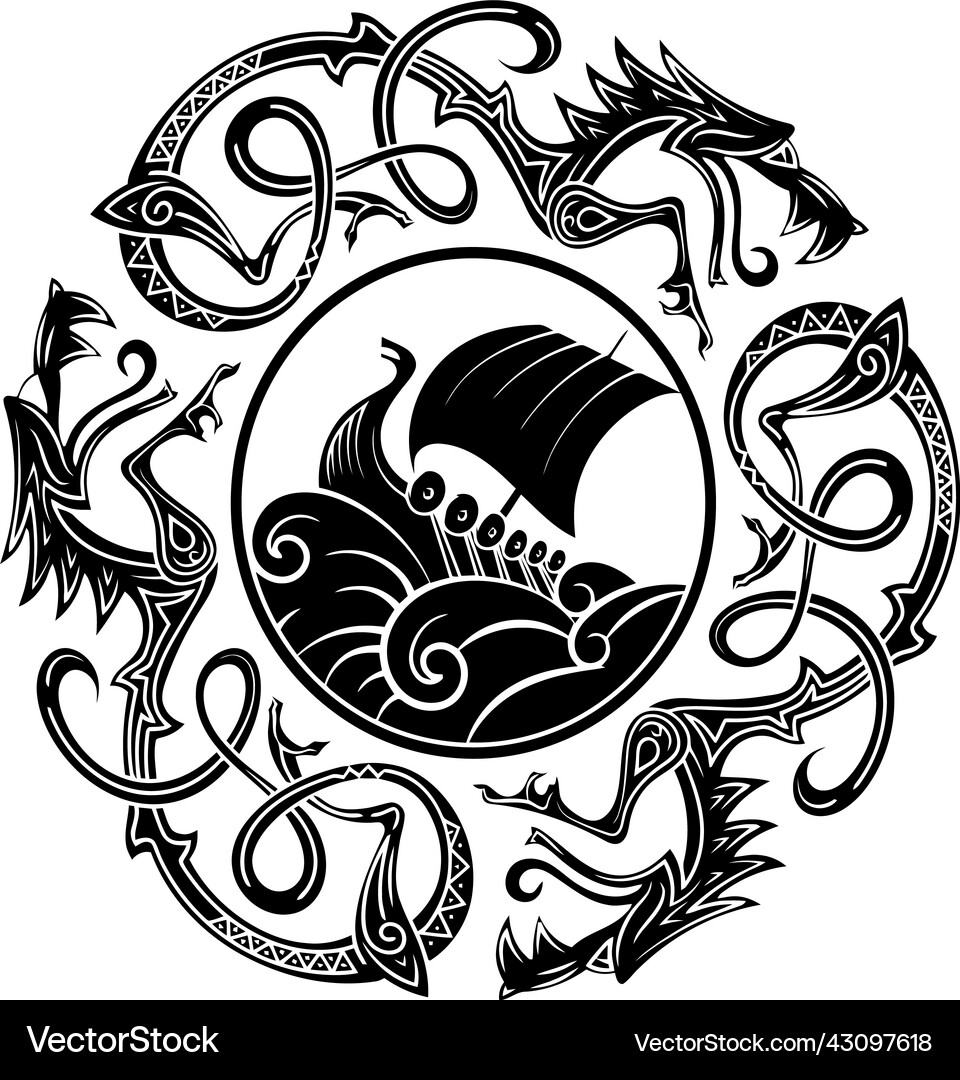 Viking drakkar ship sailing on the stormy Vector Image