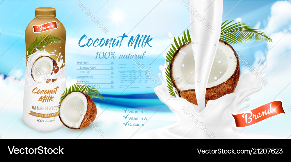 Coconut milk with splashing liquid and pieces Vector Image