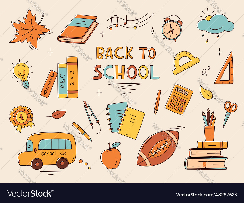 School doodle color collection with bus Royalty Free Vector