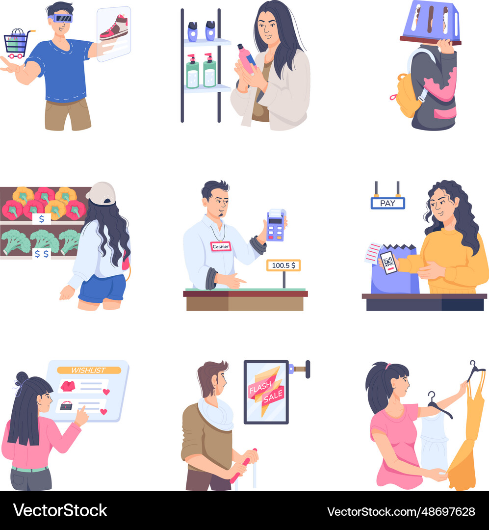 Bundle of shopping offers flat Royalty Free Vector Image