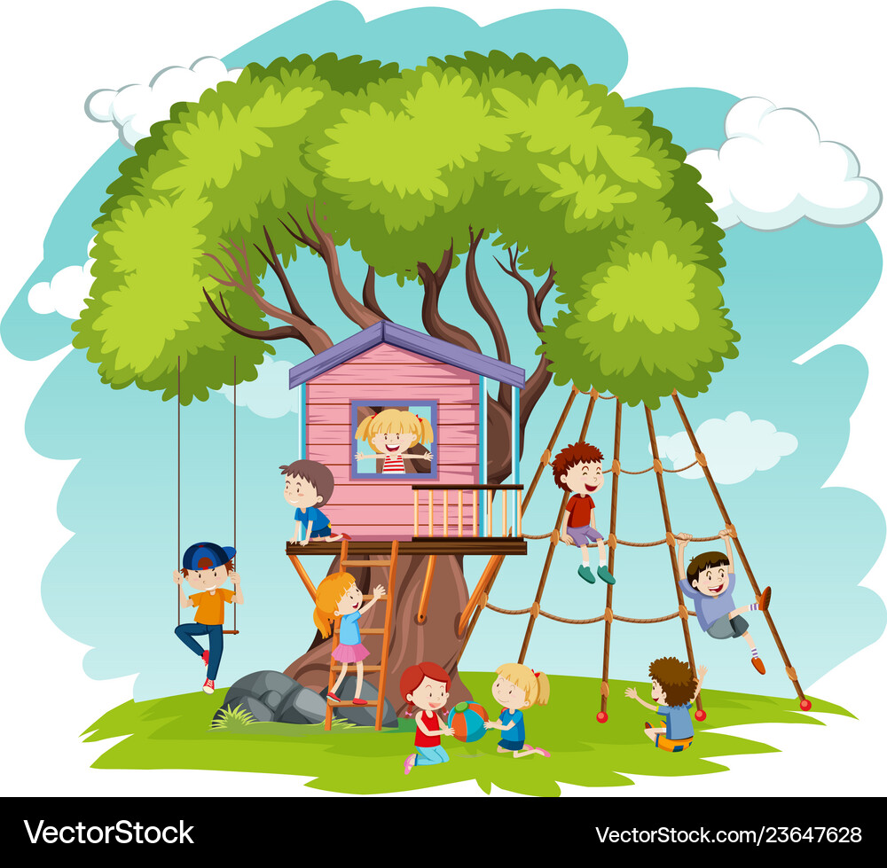 Children play at tree house Royalty Free Vector Image
