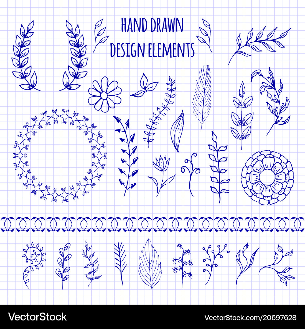 Set of hand-drawn doodle elements and seamless Vector Image