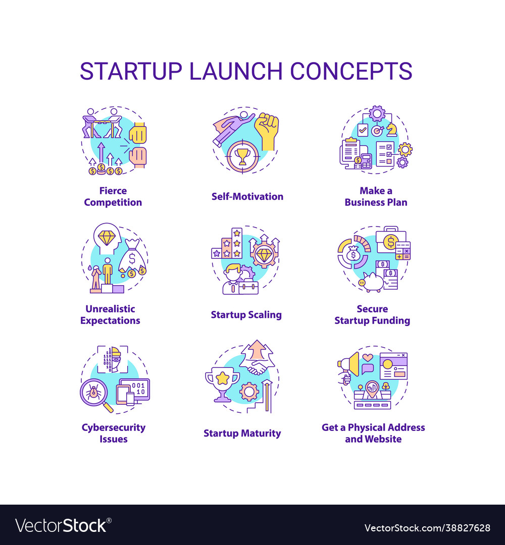 Startup launch concept icons set Royalty Free Vector Image