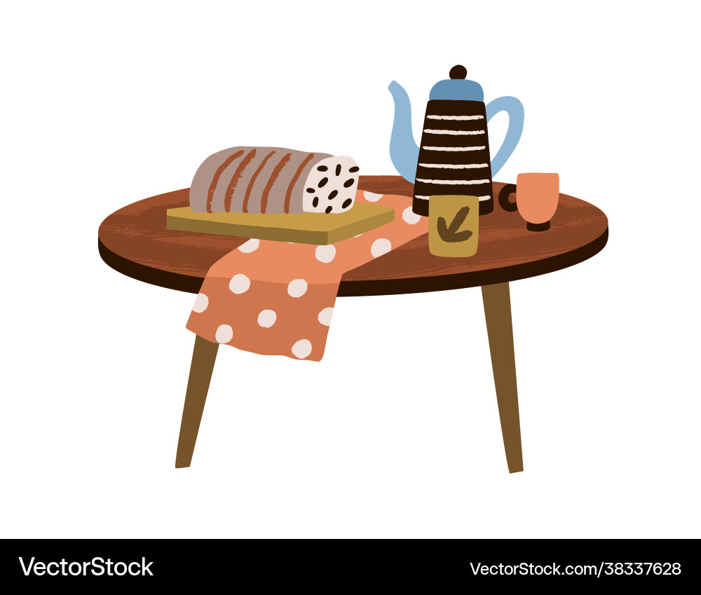 Wooden round coffee table with teapot tea cup Vector Image