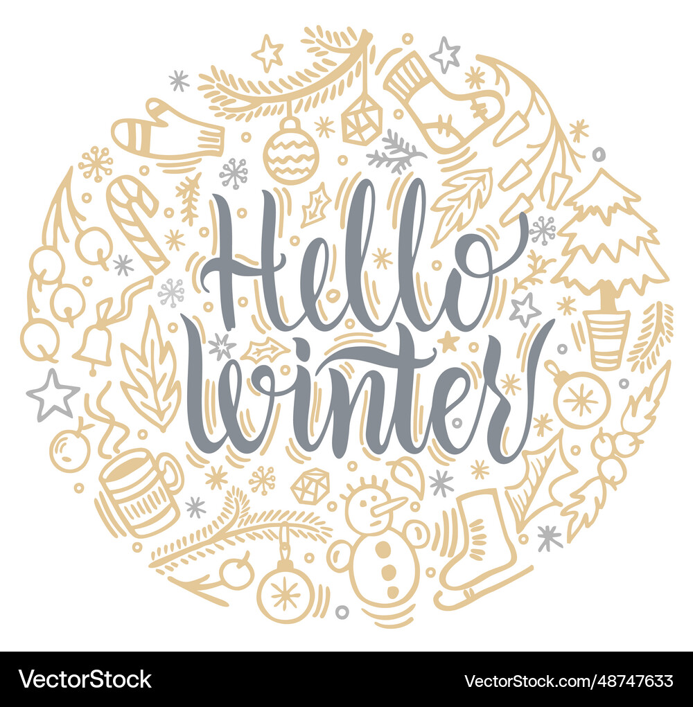 Hello winter handwritten inscription hand drawn Vector Image