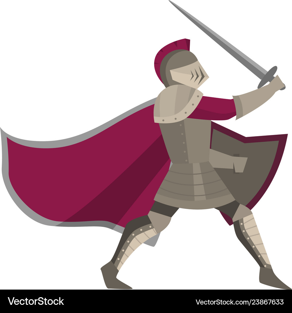 Moving warrior knight with raised sword in hand on