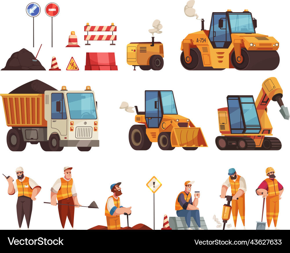 Road repair flat set Royalty Free Vector Image