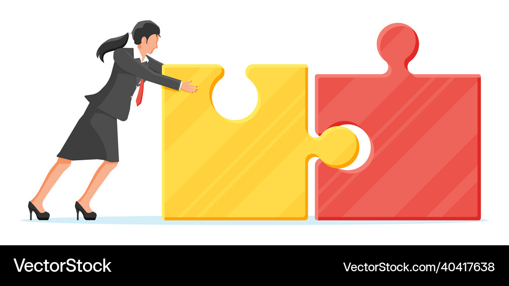 Businesswoman connecting puzzle Royalty Free Vector Image