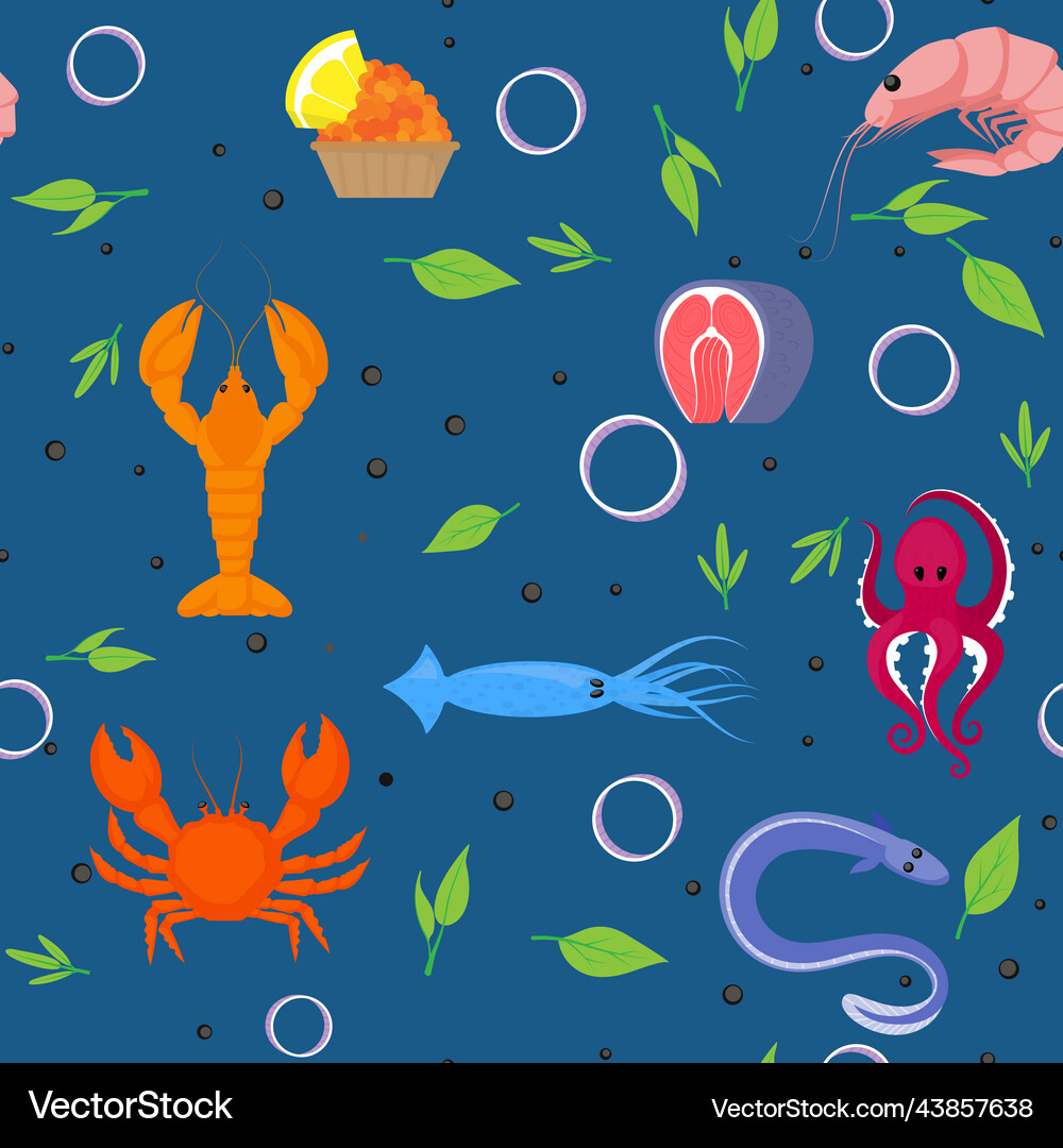 Seafood seamless pattern of fish and crab Vector Image