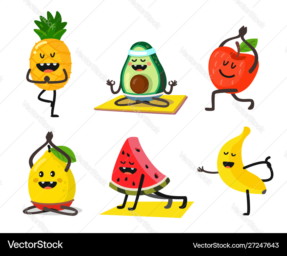 Different fruits do yoga in different poses Vector Image