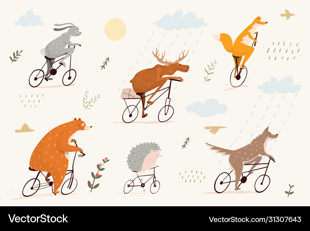 Fun and sweet animals riding bicycles bear fox Vector Image