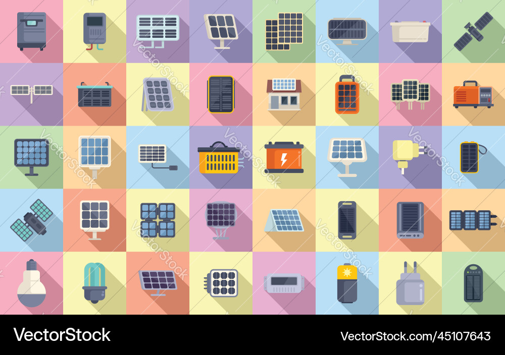 Solar panels icons set flat inverter Royalty Free Vector